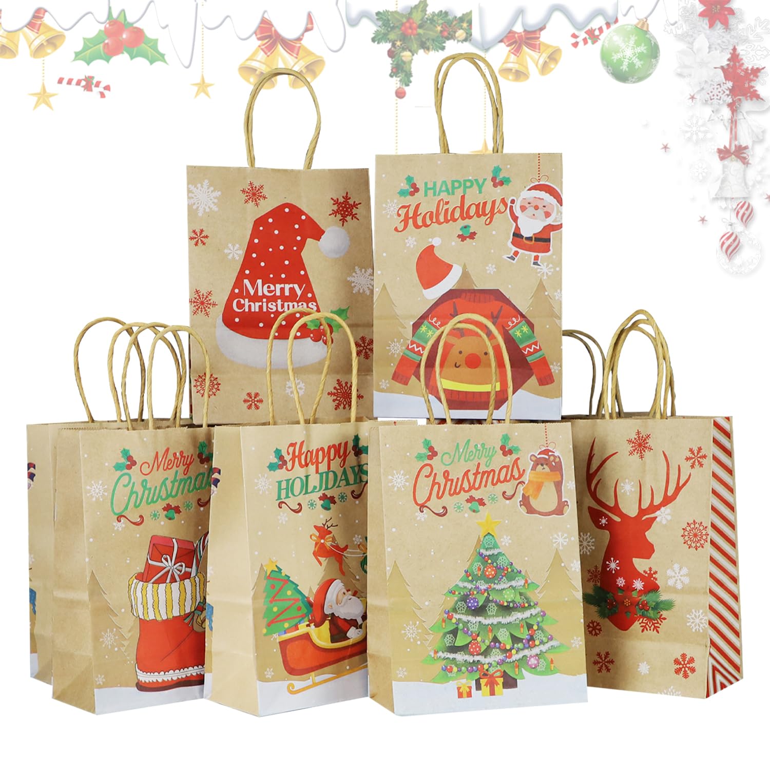 Christmas Kraft Gift Bags, 12pcs Christmas Paper Bags with Handles ...