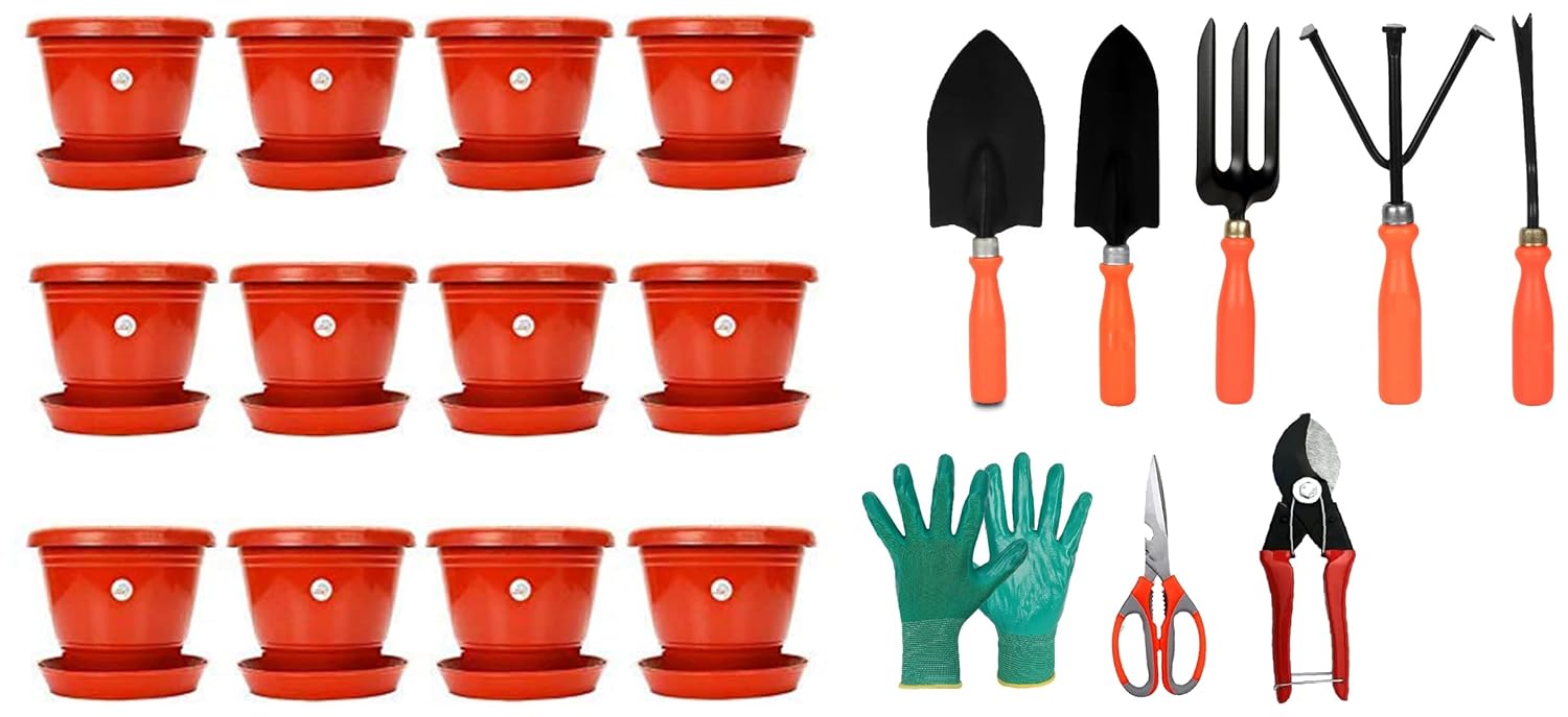 Kraft Seeds Gamla Planter Pots with Bottom Plates (12 Pcs, 8 Inch, Red ...