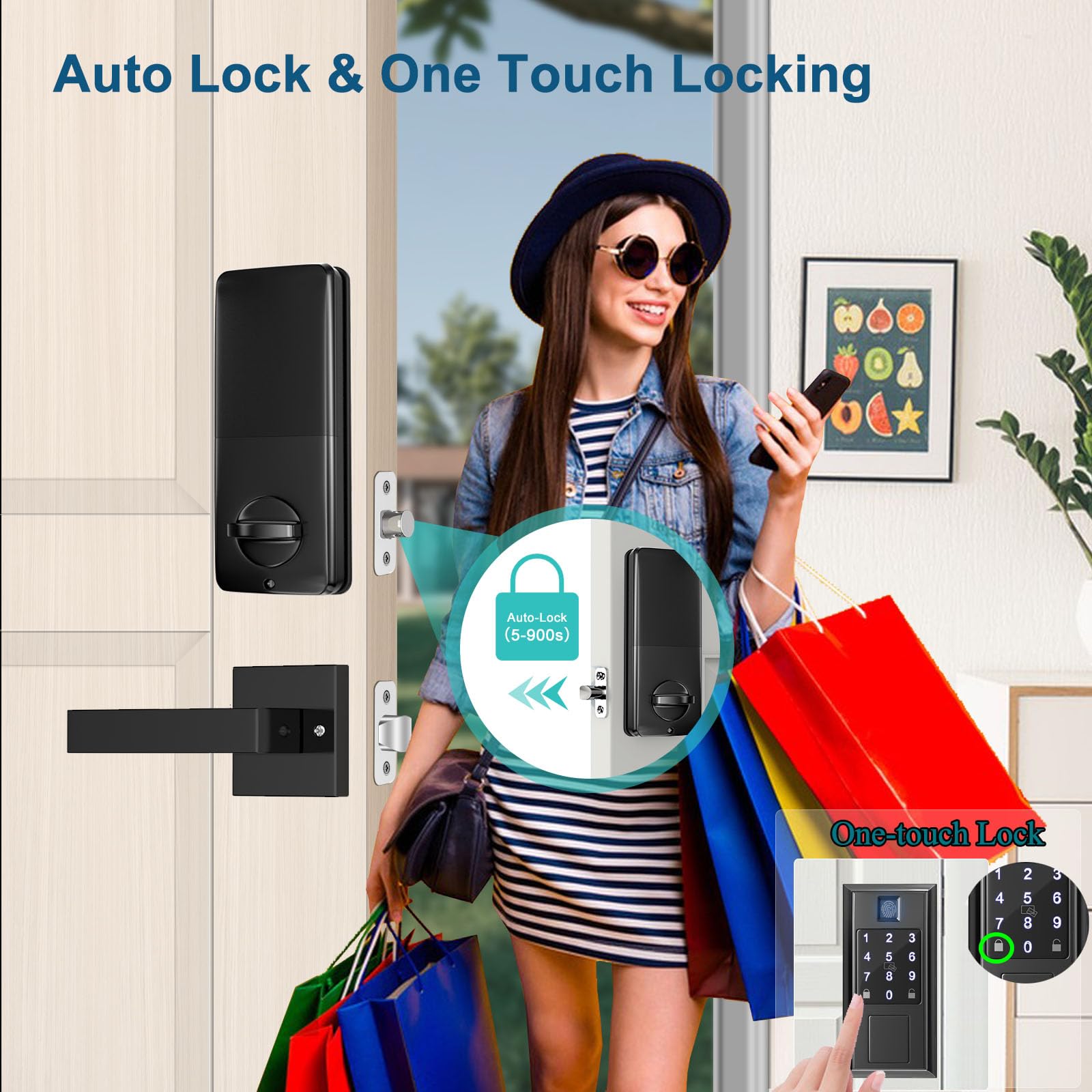 Smart Lock with Front Door Handle Set, Keyless Entry Door Lock Deadbolt ...