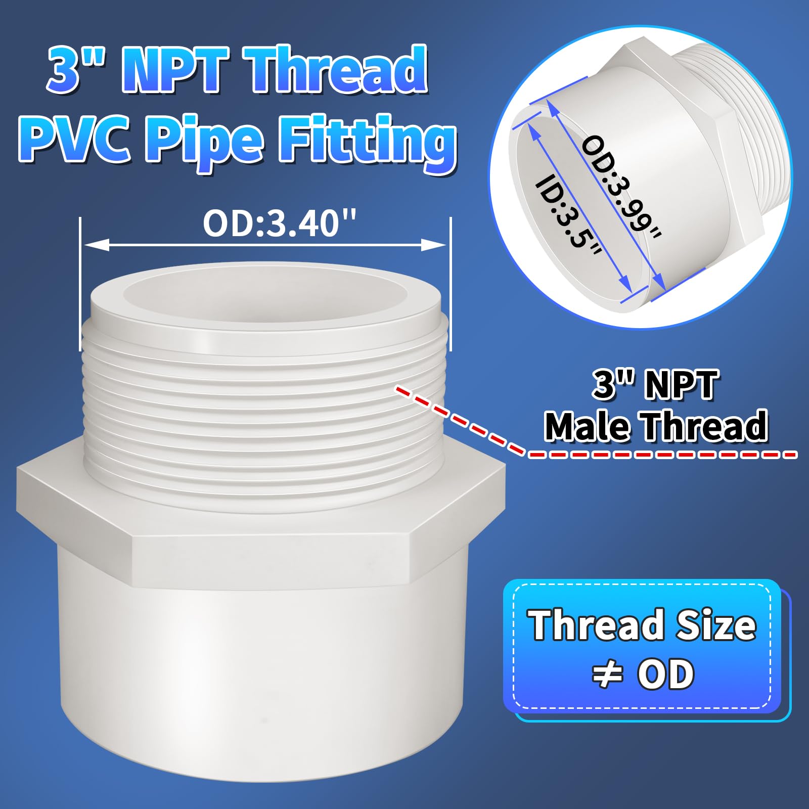 Snapklik.com : 2Pcs White PVC Pipe Fittings, 3inch NPT Male Thread Pipe ...