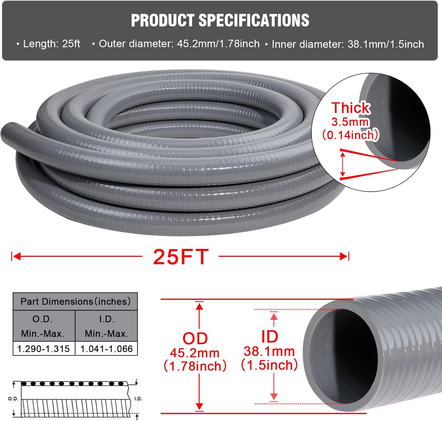 Buy Flexible PVC Pipe1.5 Dia grey PVC Pipe,1.5 x25 feet Pool Hose,Spa ...