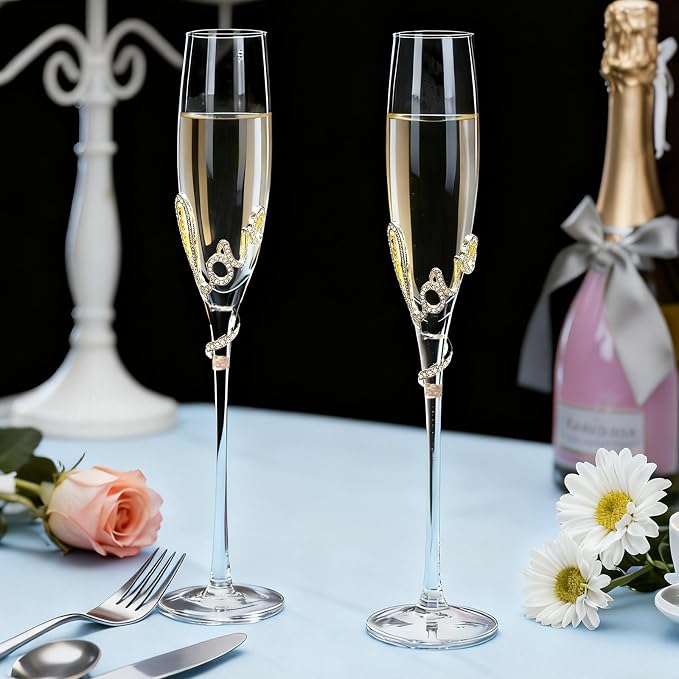 Amazon.com | Jozen Gift Gold Champagne Flutes - Set of 2 Hand Blown ...