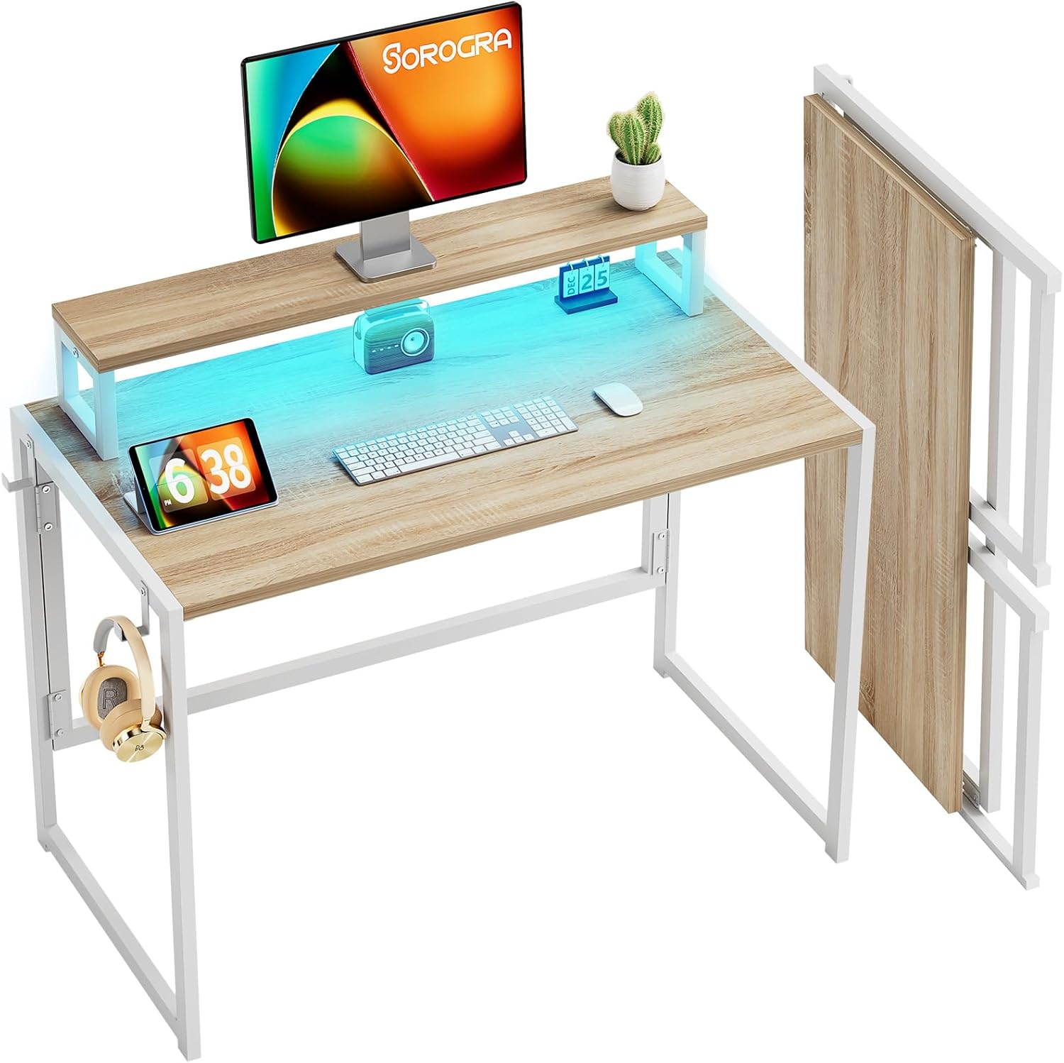 Amazon.com: SOROGRA Folding Desk Small Foldable Desk 39.4 inch with Led ...
