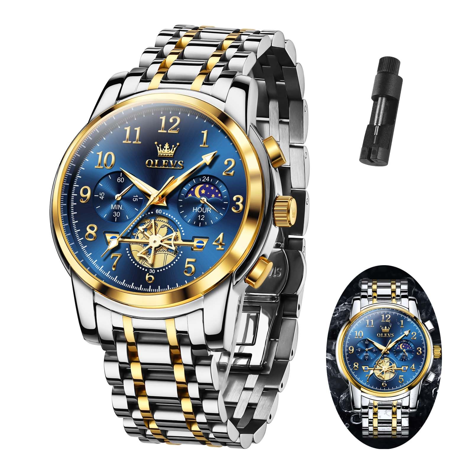 OLEVS Watch Men Casual Chronograph Analog Watches for Men Large Blue ...