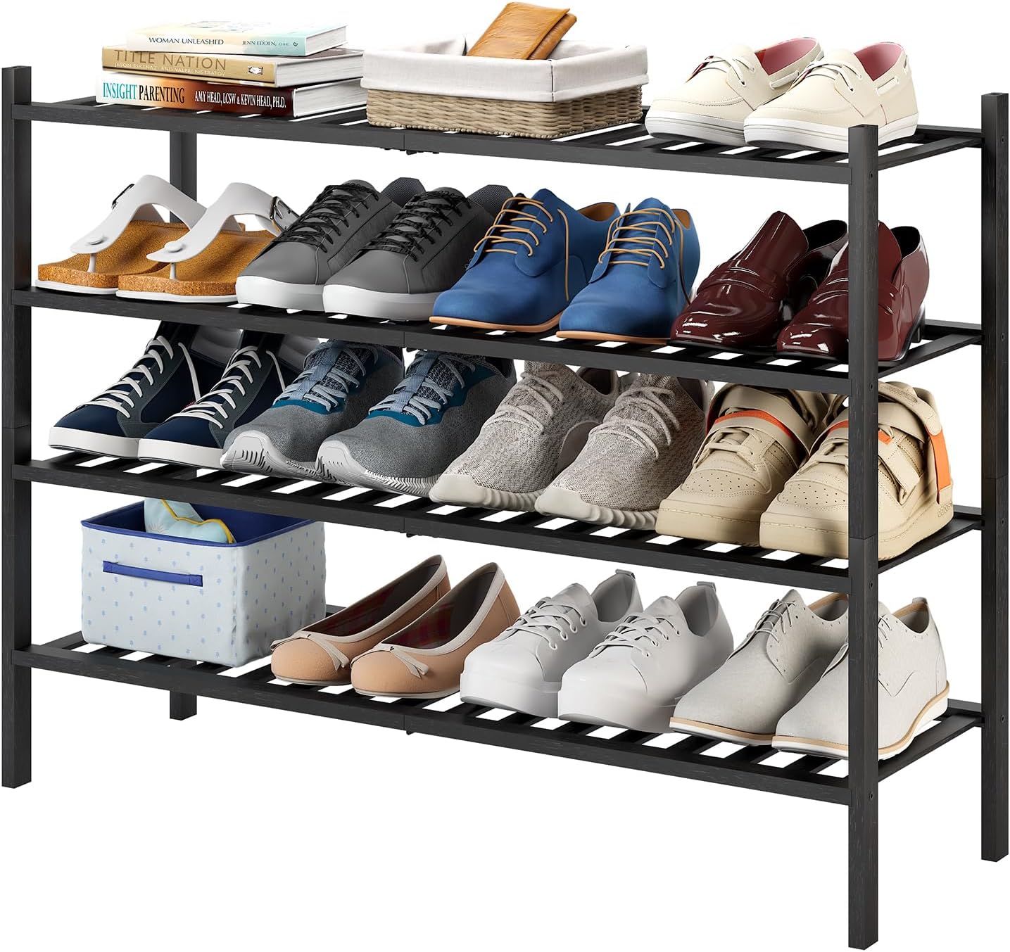 Amazon.com: Furshus Long Shoe Rack, 4-Tier Bamboo Stackable Shoe Shelf ...