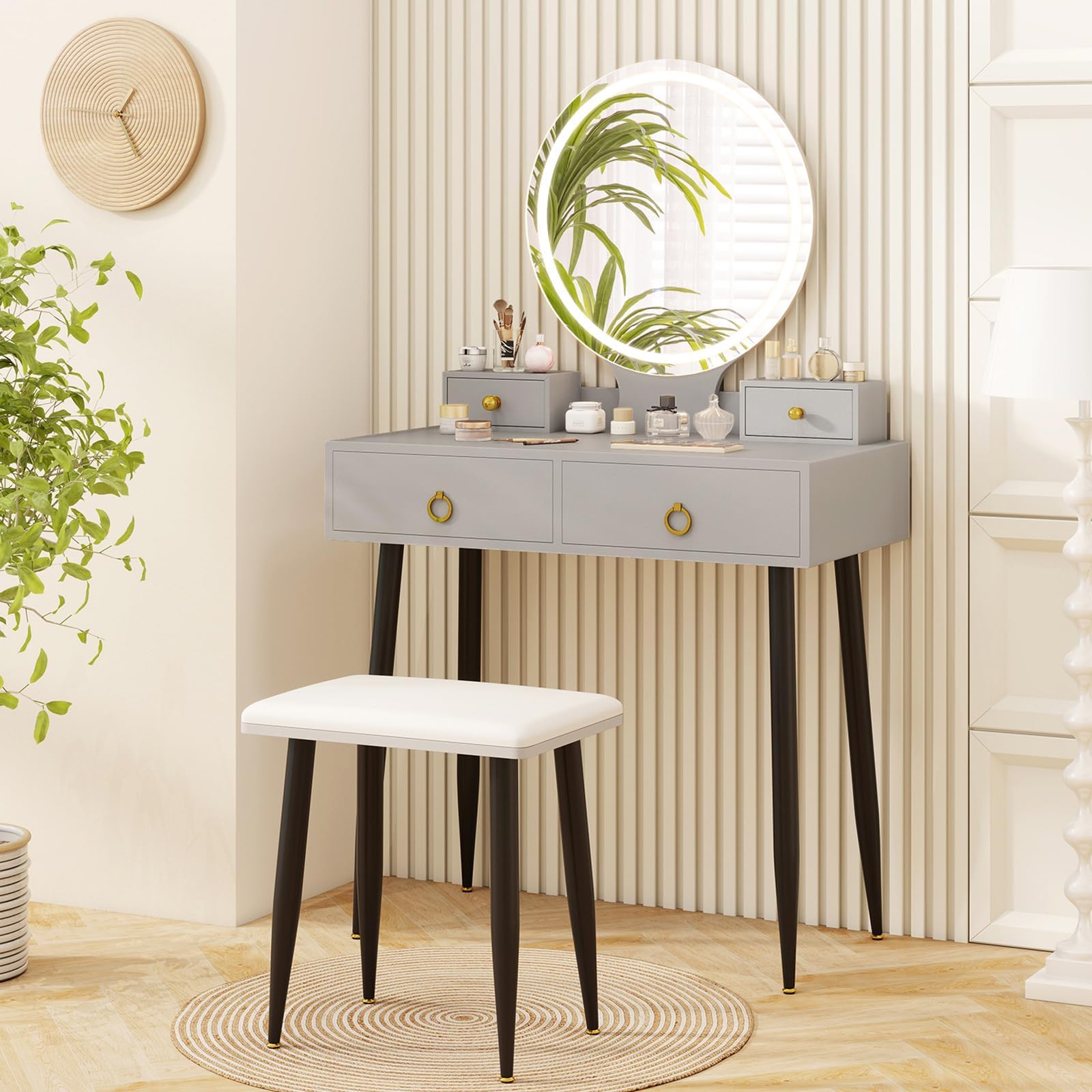 Amazon.com: Brafab 31" Boho Natural Rattan Vanity Desk Set with 3 Modes ...