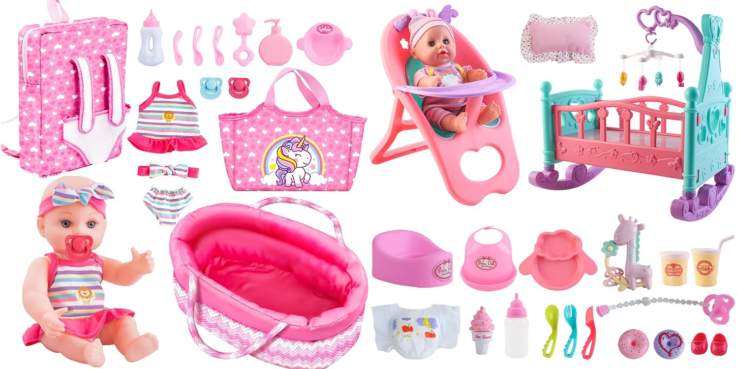 Amazon.com: deAO 12” Baby Doll Play Set with Crib, Mobile, High Chair ...