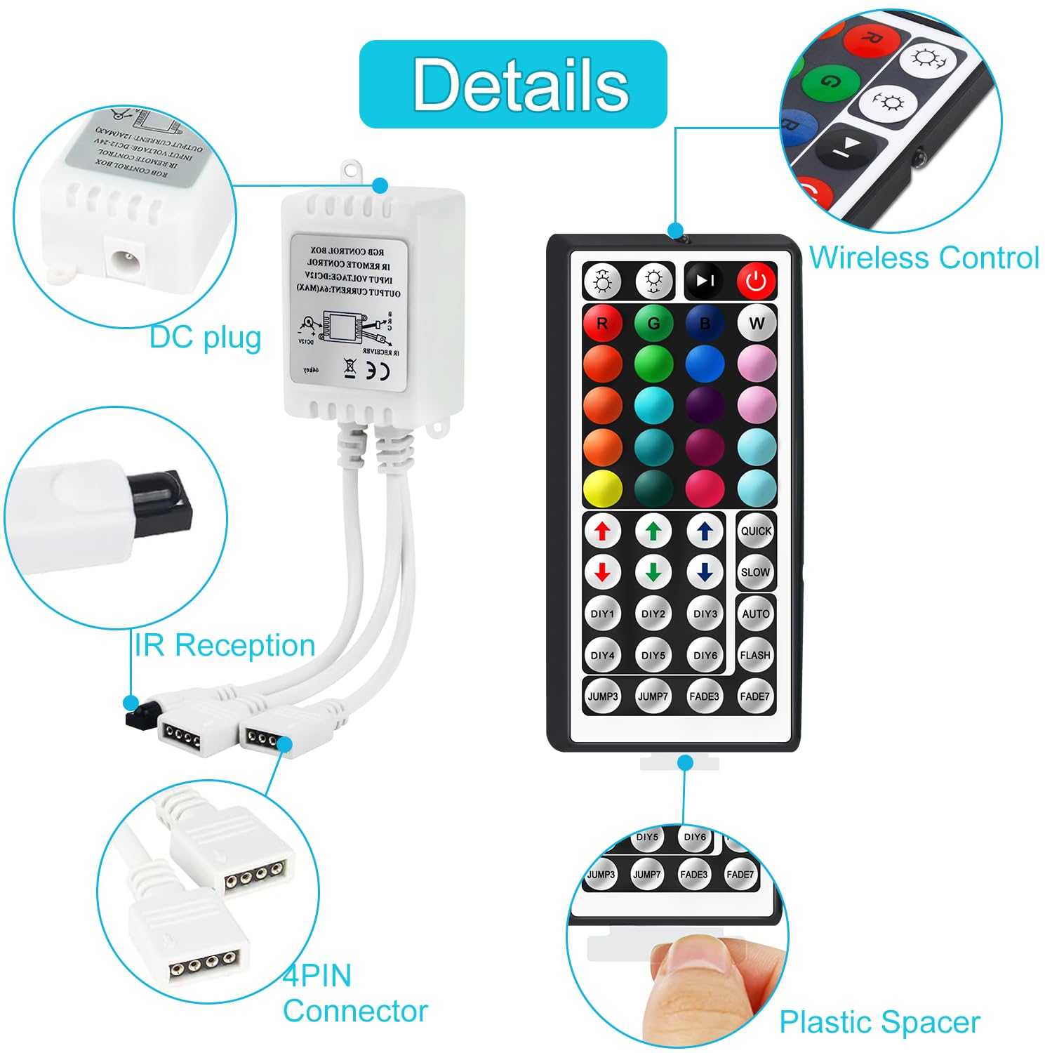 Cube-LED 44-Key DC12V-24V 4 Pin 2 Ports RGB Controler Box Wireless IR ...
