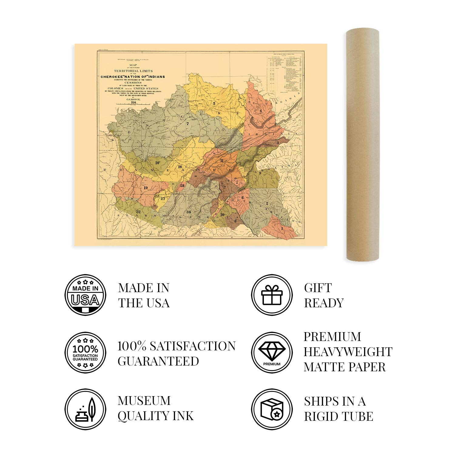 Buy HISTORIX Vintage 1884 Cherokee Indian Map - 24x30 Inch Vintage Map ...