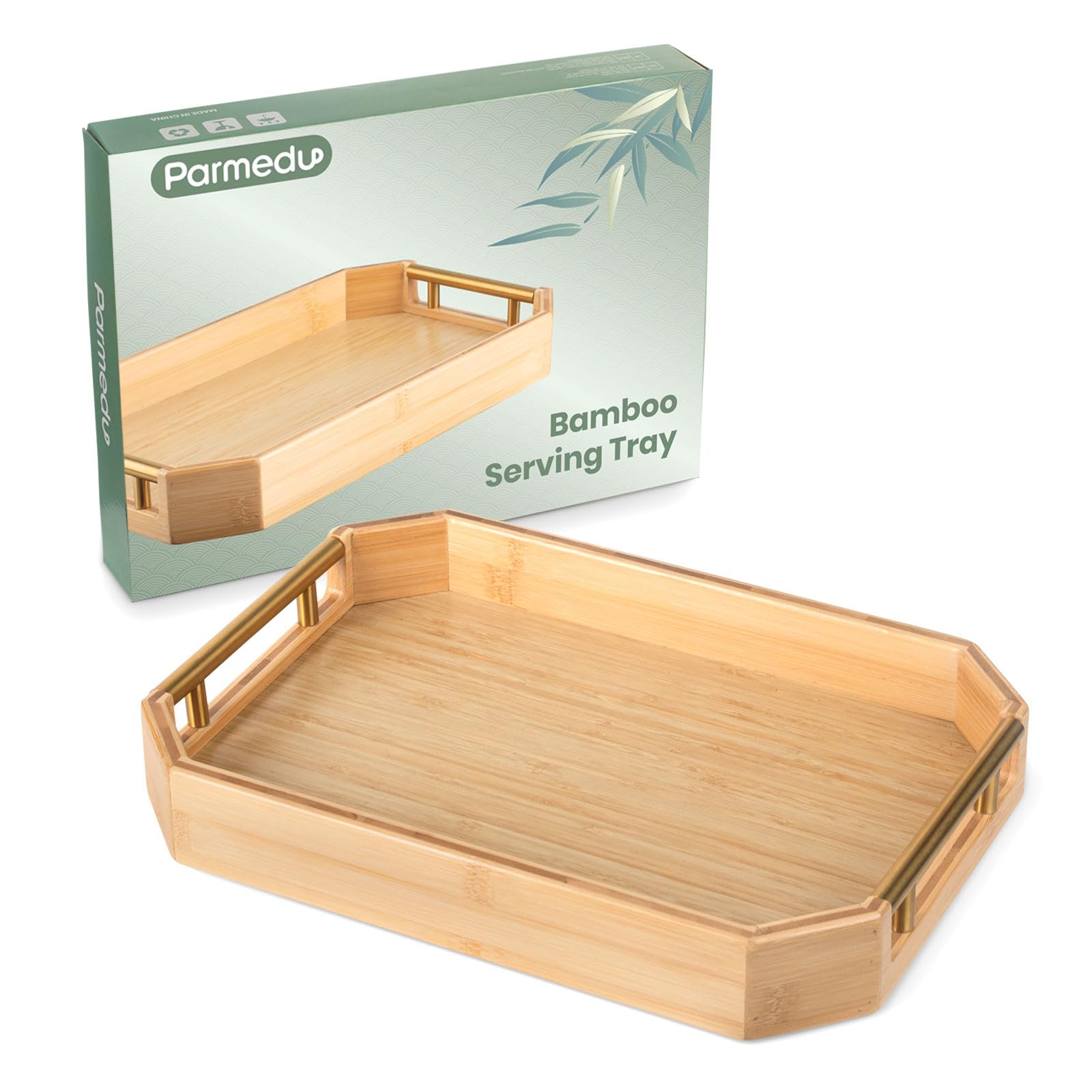 Amazon.com: Parmedu Natural Bamboo Serving Tray: Thickened Wooden Breakfast Tray in Large Size ...