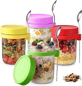 Amazon.com: 4 Pack Reusable Overnight Oats Jars with Lids and Spoons, 16 oz Airtight Overnight ...