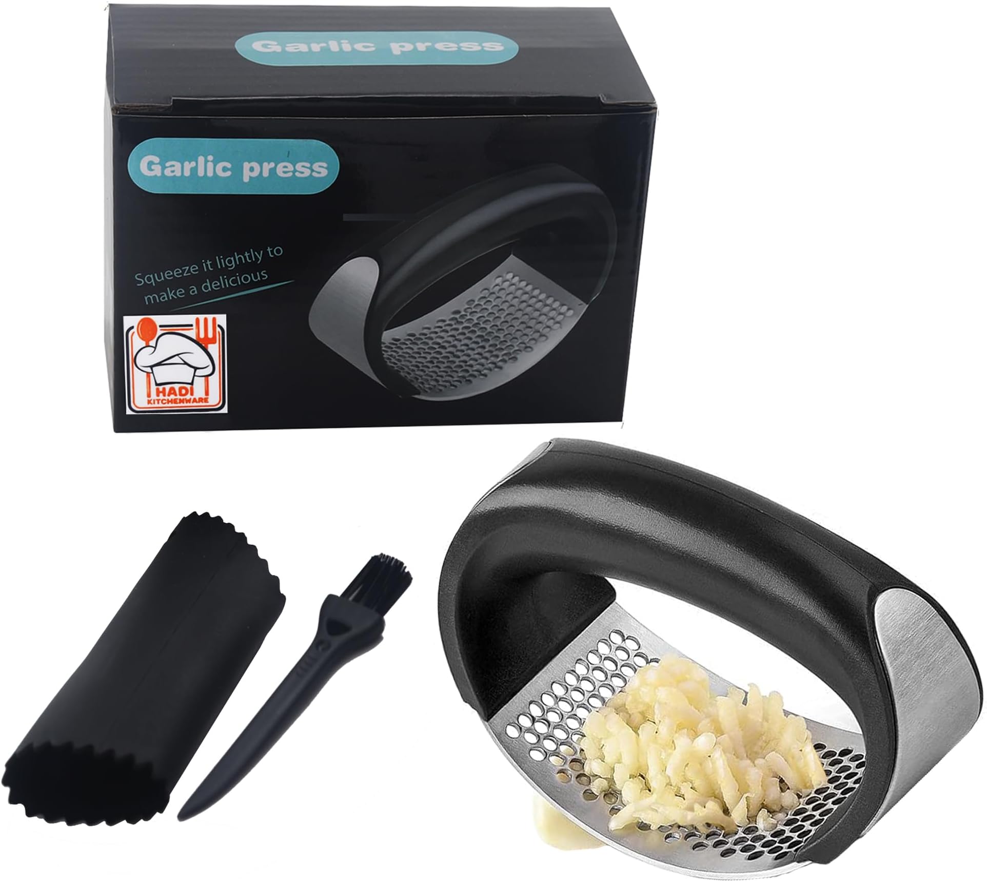Stainless Steel Garlic Press Set with Handle Rocker Garlic Crusher ...