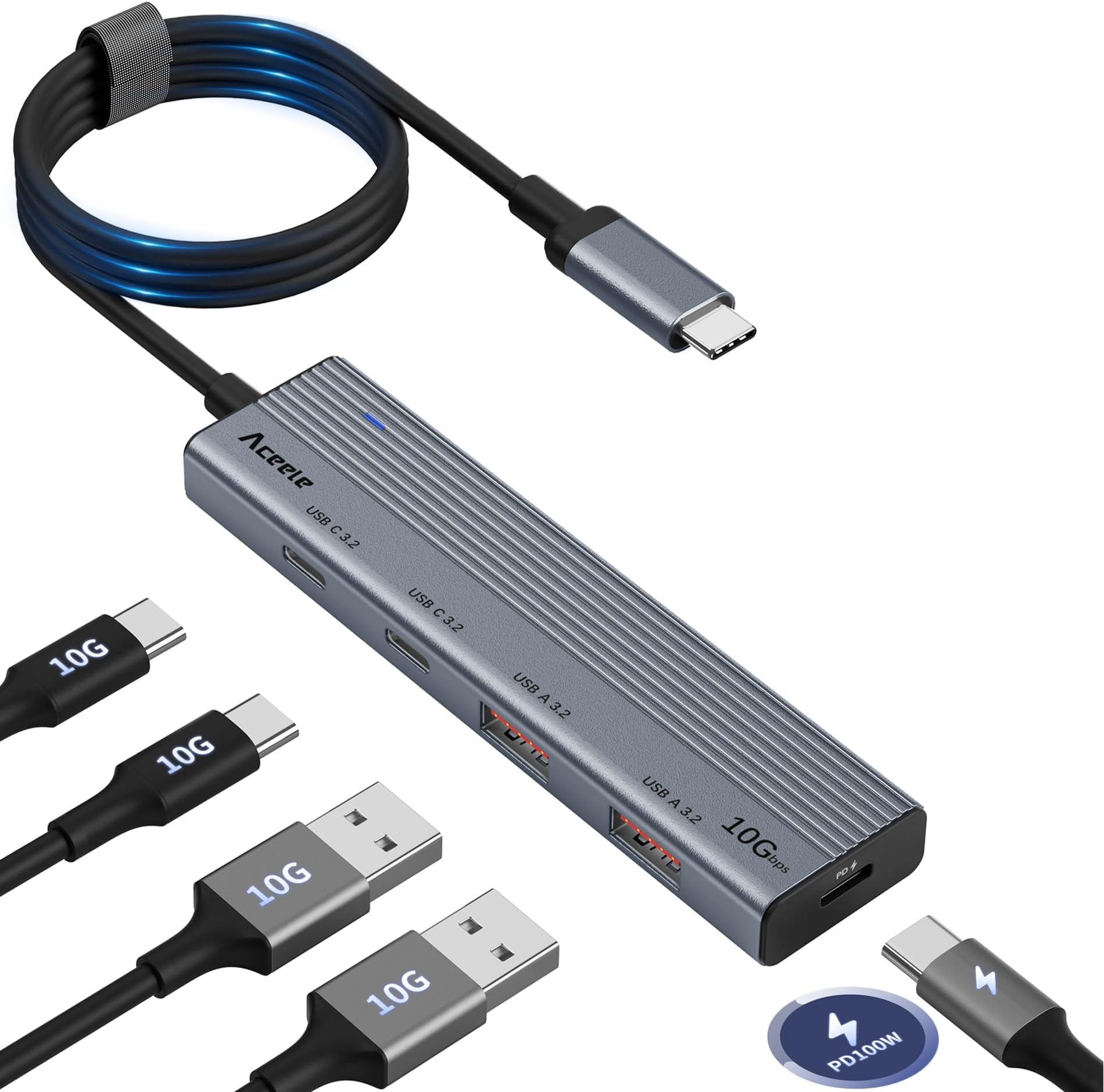 Aceele USB 3.2 Gen 2 Hub mit 2 USB-A-Anschlüssen und 2 USB-C-Anschlüssen, USB 3.2 Datenhub PD ...