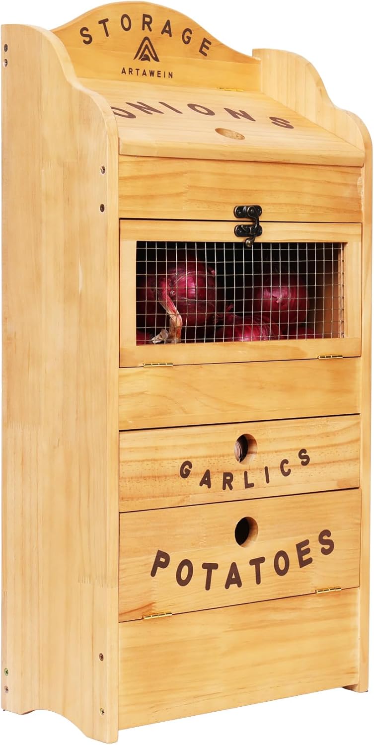 Amazon.com: Potato Onion Storage Bin Pine Wood Veggie Bin for Potato ...