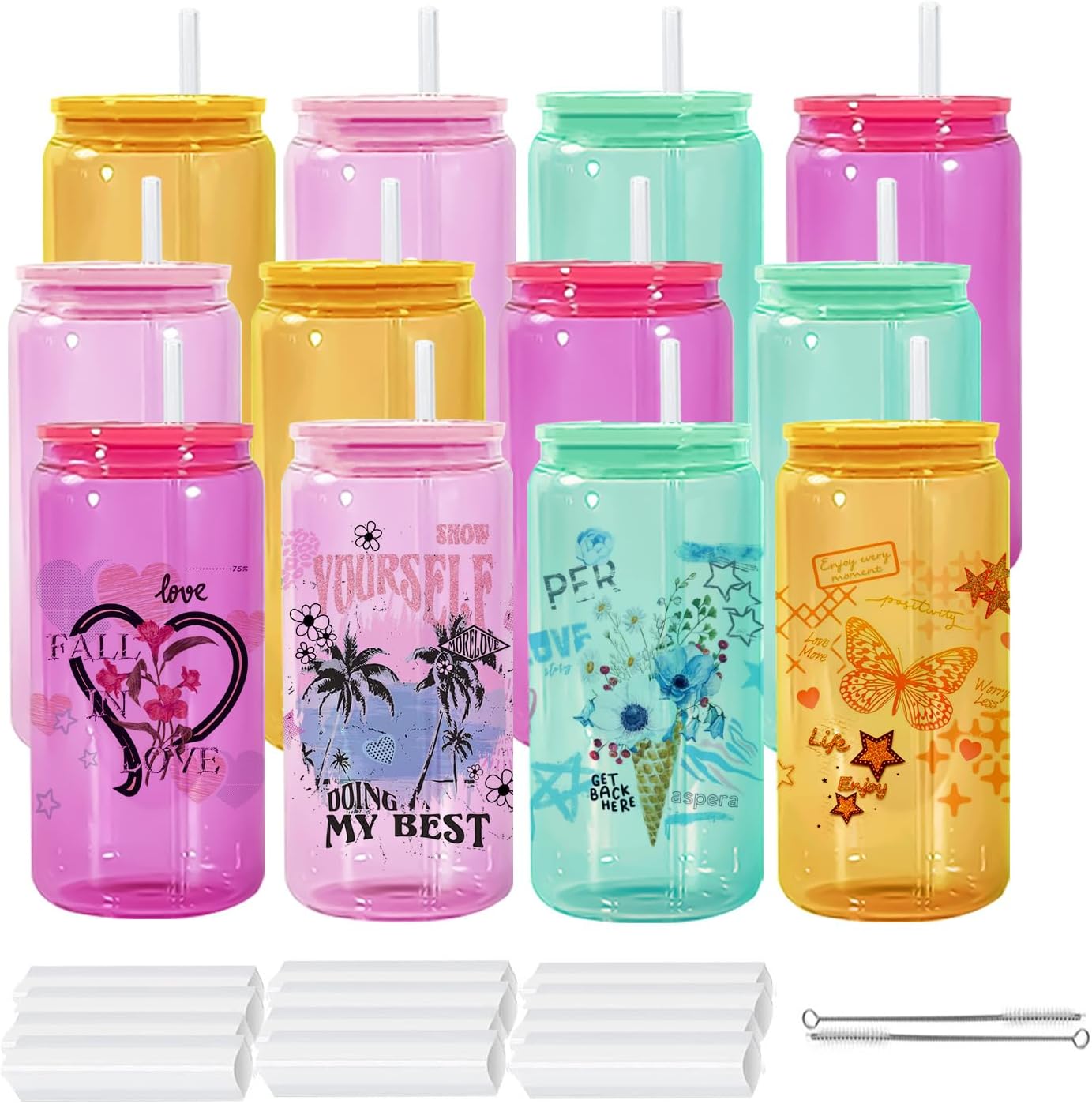 Amazon.com: Kocdam 12 Pack Sublimation Glass Cups with Lids and Straws ...
