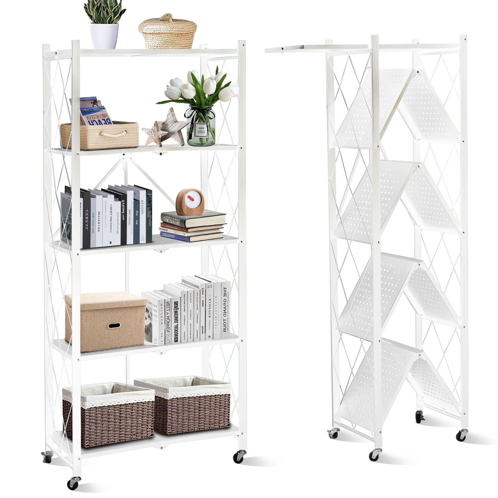 5 Tier Storage Shelf with Wheels - Metal Collapsible Shelving Unit ...