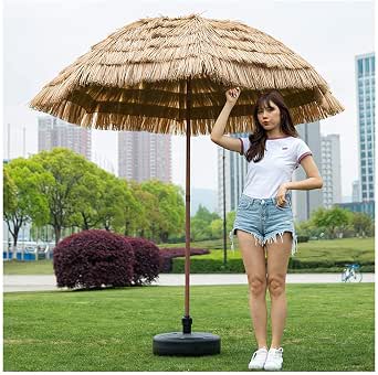 Amazon.com : Beach Straw Parasol Umbrella with Water Tank Base, Raffia ...