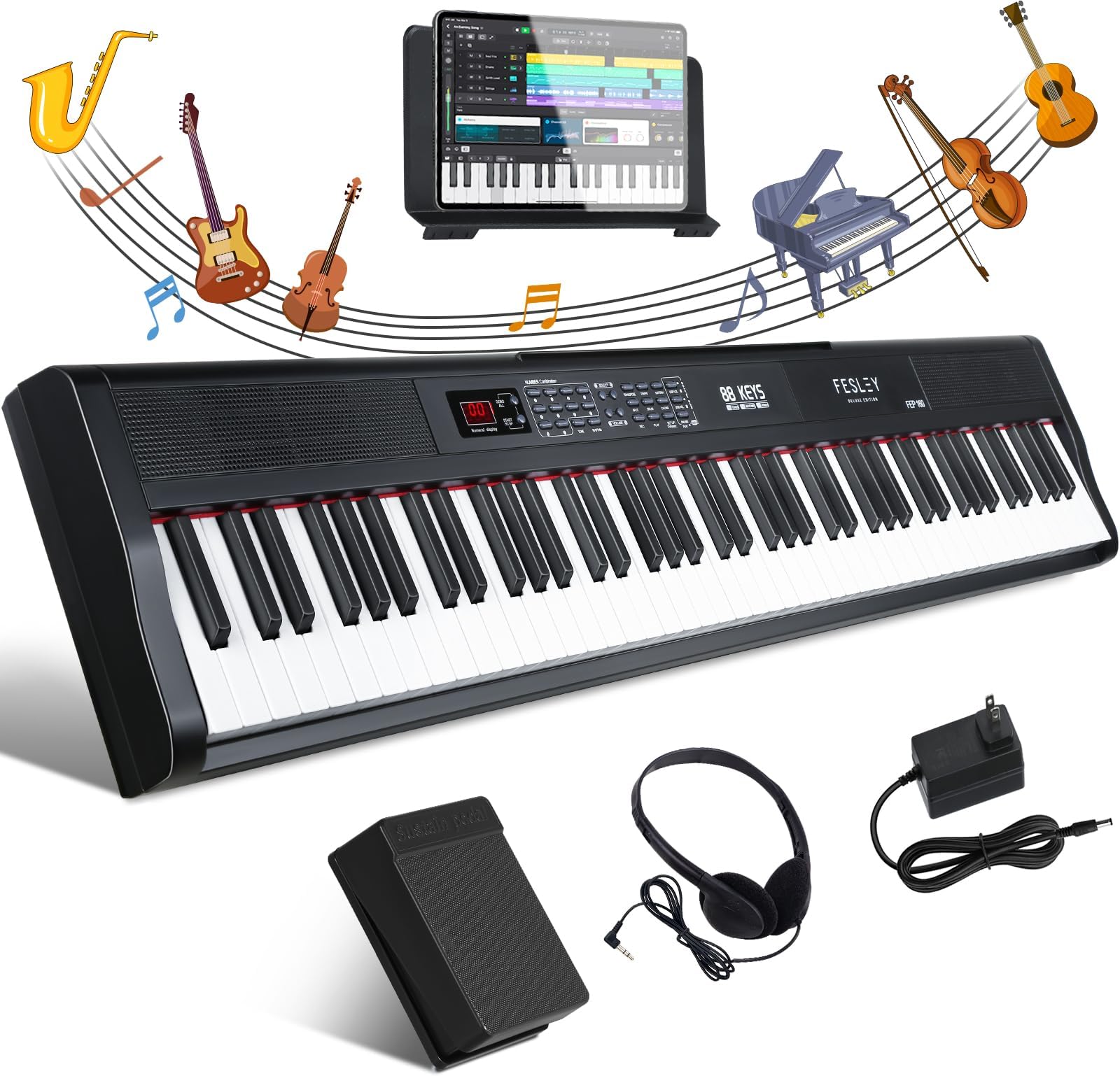 Amazon.com: Fesley Piano Keyboard 88 Keys: Bluetooth Full-Size Digital ...