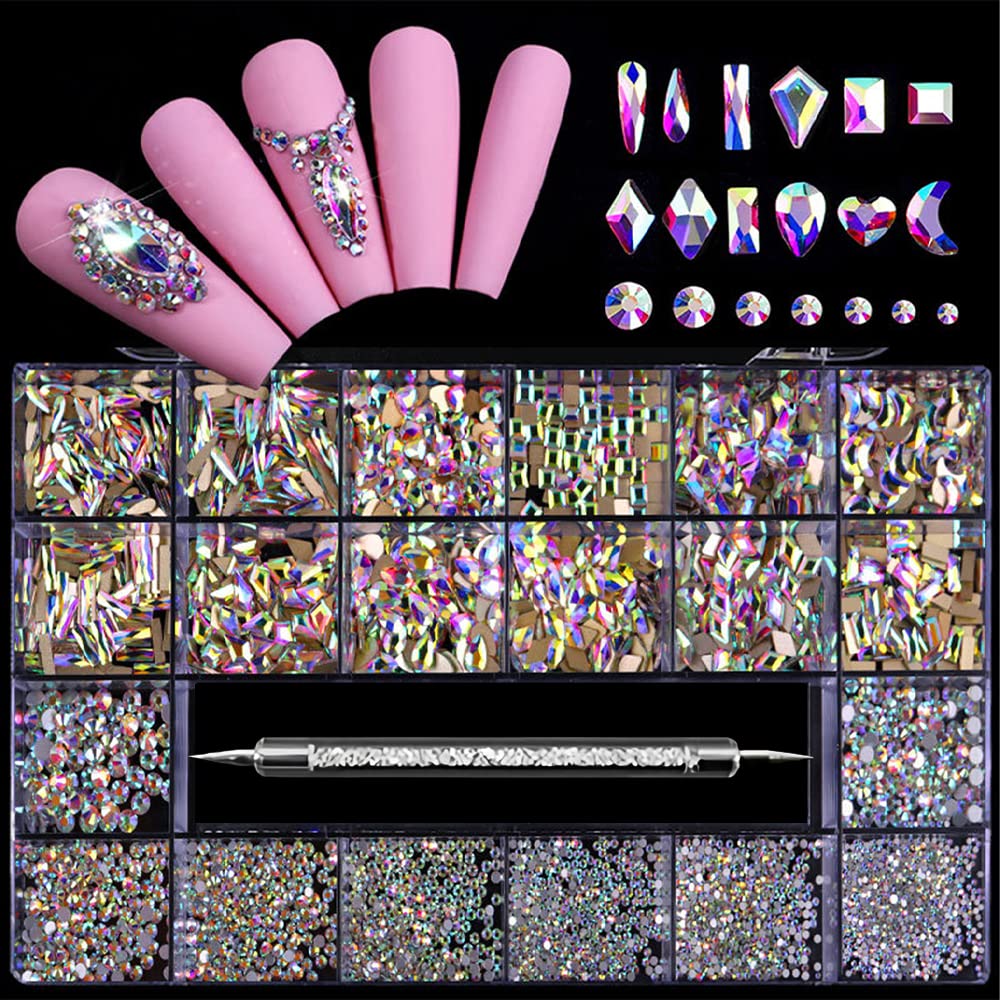 Amazon.com: 3100Pcs Nail Crystal Rhinestones Kit, Mix Shapes AB Glass ...