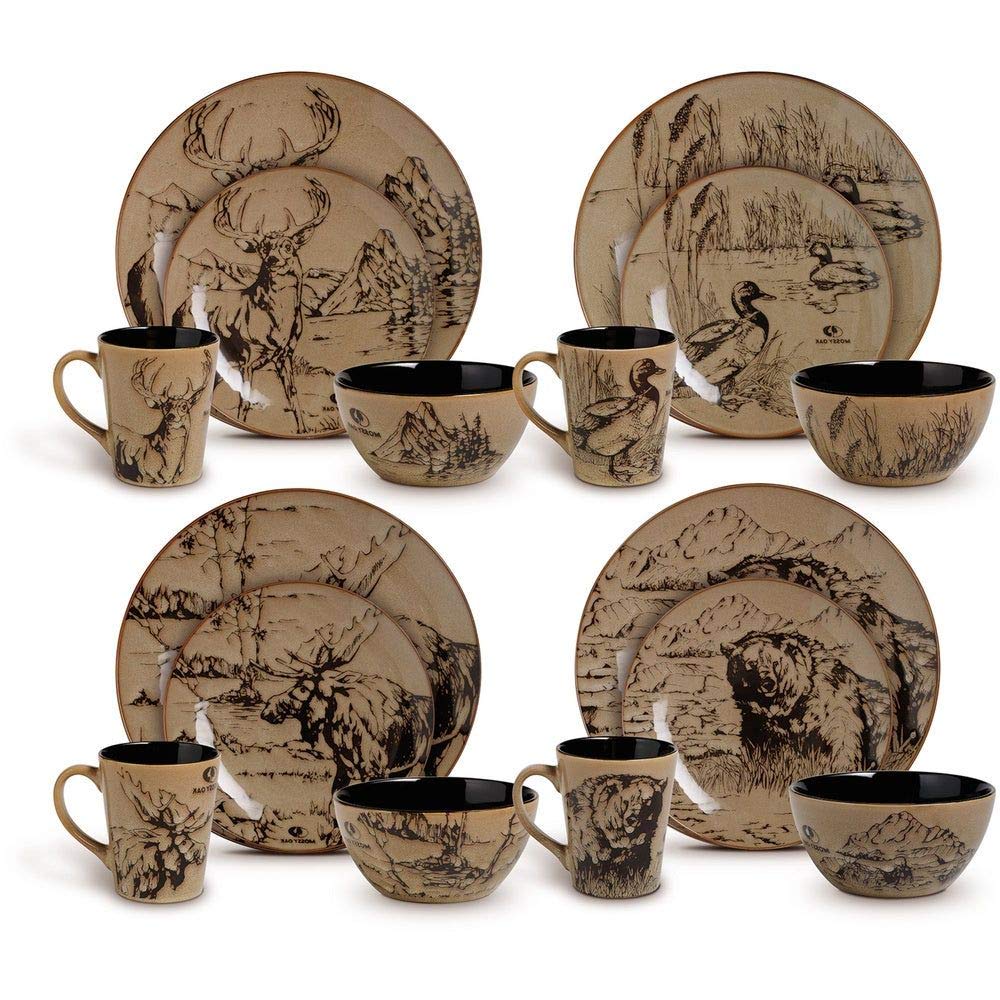 Amazon.com | 16 Piece Stoneware Cabin Lodge Theme Vintage Dinnerware ...