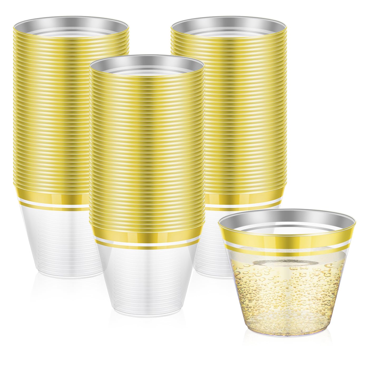 100PCS Gold Plastic Cups, 9oz Clear Disposable Cups, Gold Rimmed ...