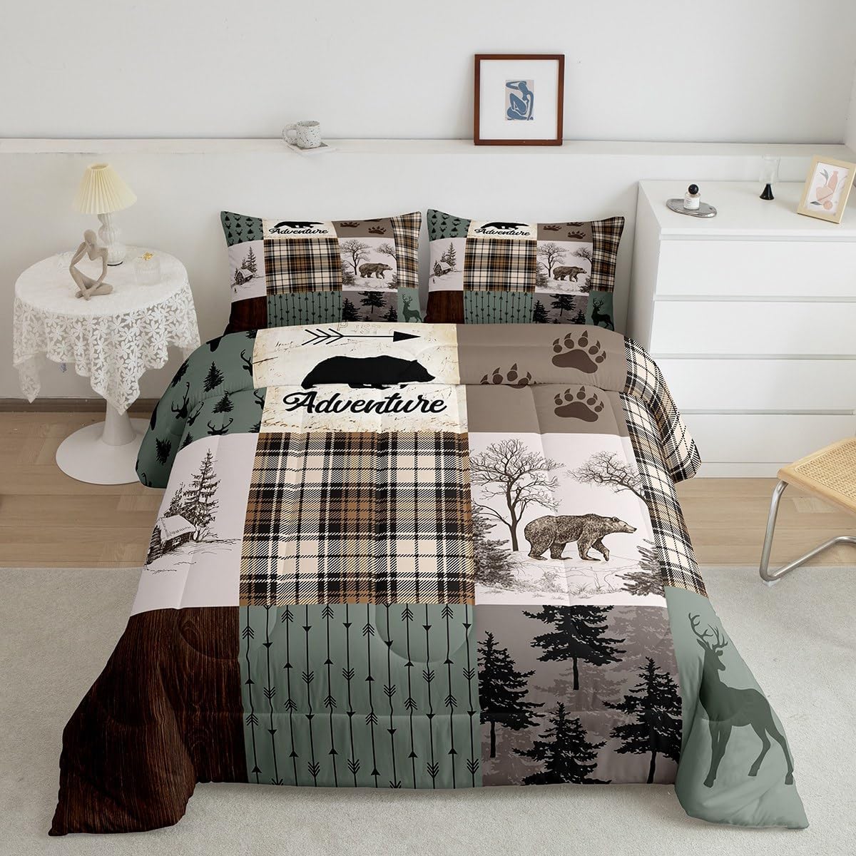 Amazon.com: Rustic Farmhouse Kids Comforter Set Full Size,Deer Antlers Bear Animal Paws Plaids ...