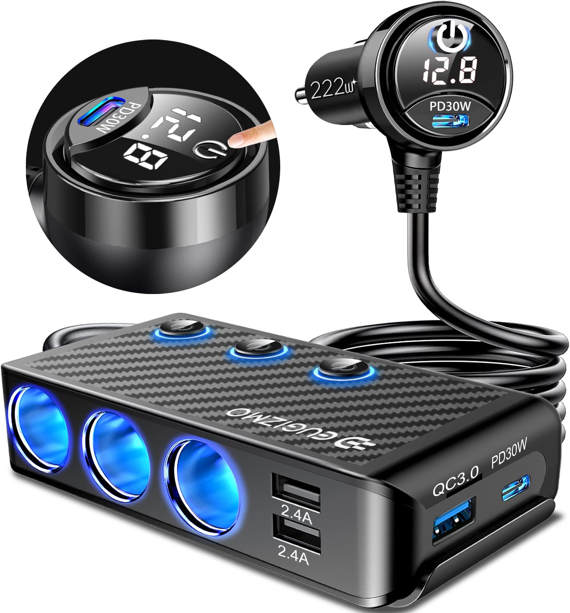 Amazon.com: Cigarette Lighter Plug Splitter Adapter, EUGIZMO 222W Multi ...