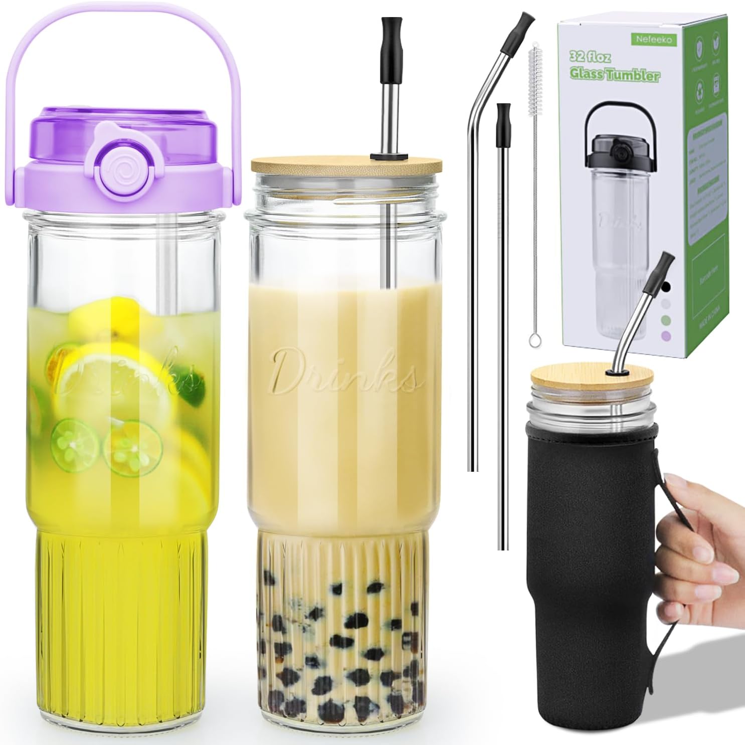Amazon.com: Nefeeko 32 oz Glass Tumbler with Lid,Reusable Glass Water ...