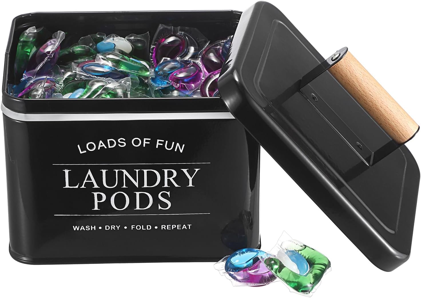 TOLIDA Metal Laundry Pods Container with Lid - Black Square Storage Box ...