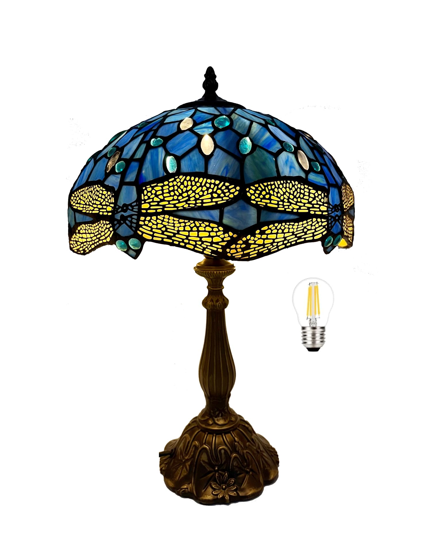 12 Inches Tiffany Lamp Blue Stained Glass Dragonfly Style Bedside Table ...