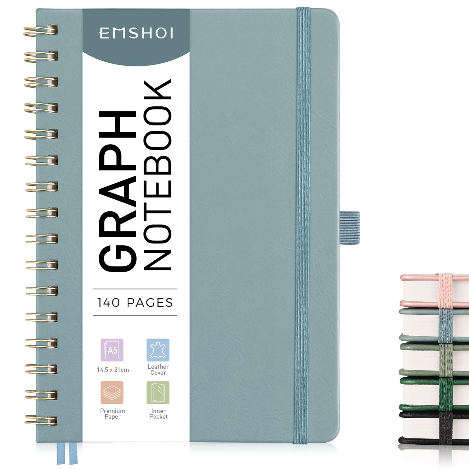 EMSHOI A5 Graph Paper Notebook, Spiral Notepad, 100gsm, PU Leather ...