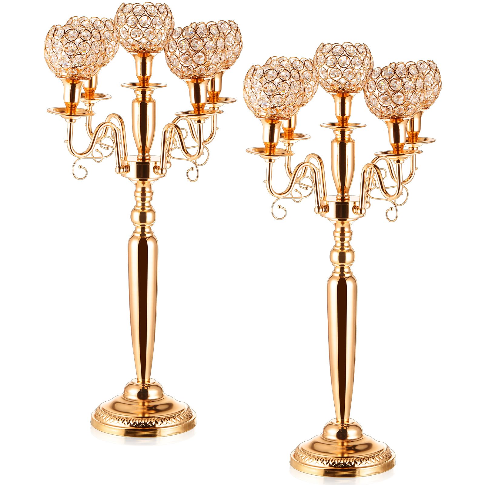 Tessco 2 Pcs Gold Candelabras Centerpieces 29.5 Inch Tall 5 Arm Crystal ...