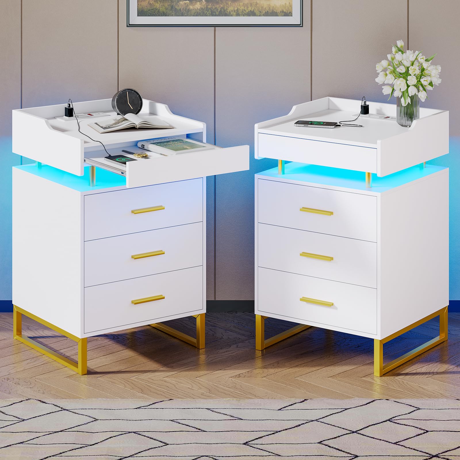 Amazon.com: BTHFST LED Nightstand Set of 2 with Charging Station, Large ...