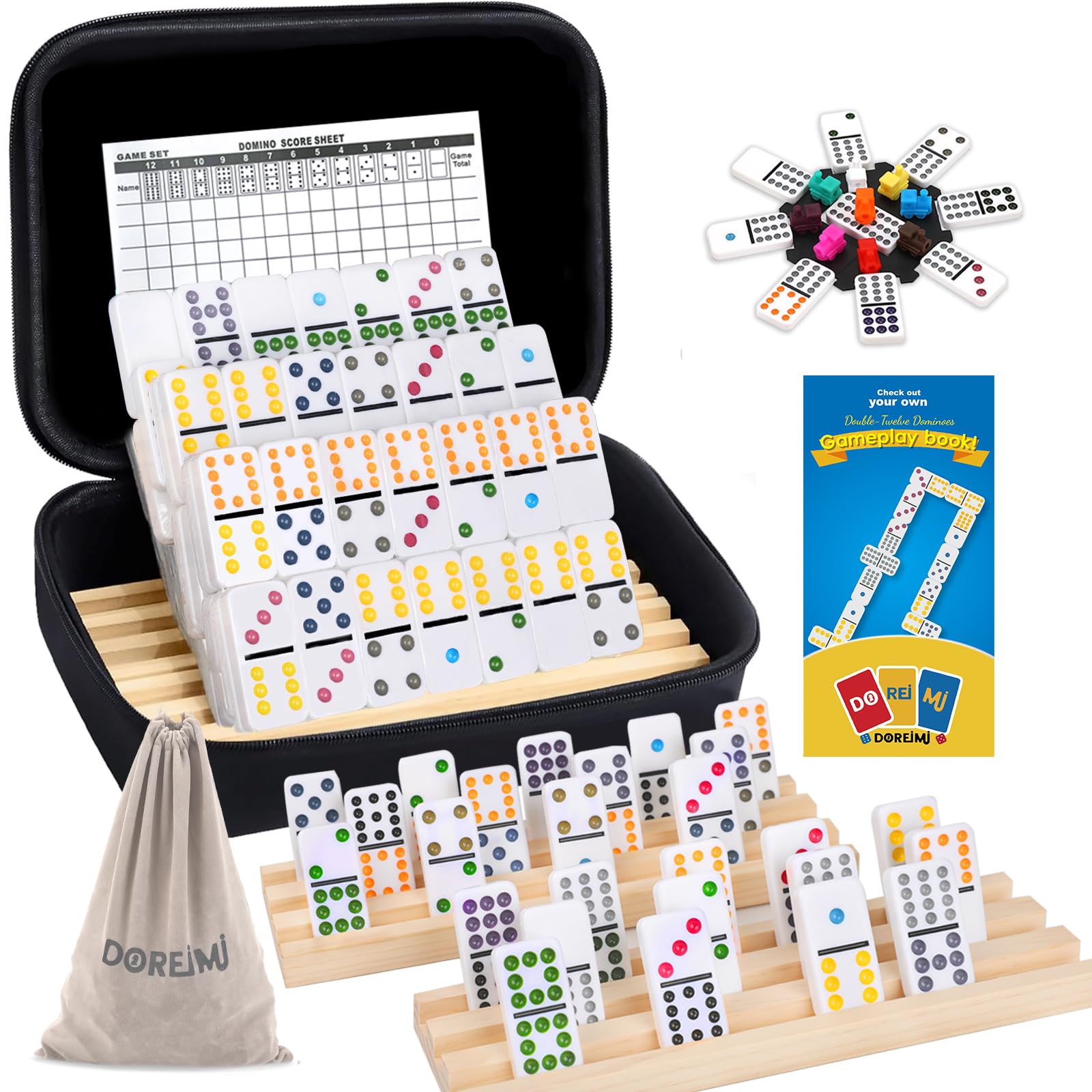 Amazon.com: Mexican Train Dominoes Game Set with 4 Wooden Racks, Double ...