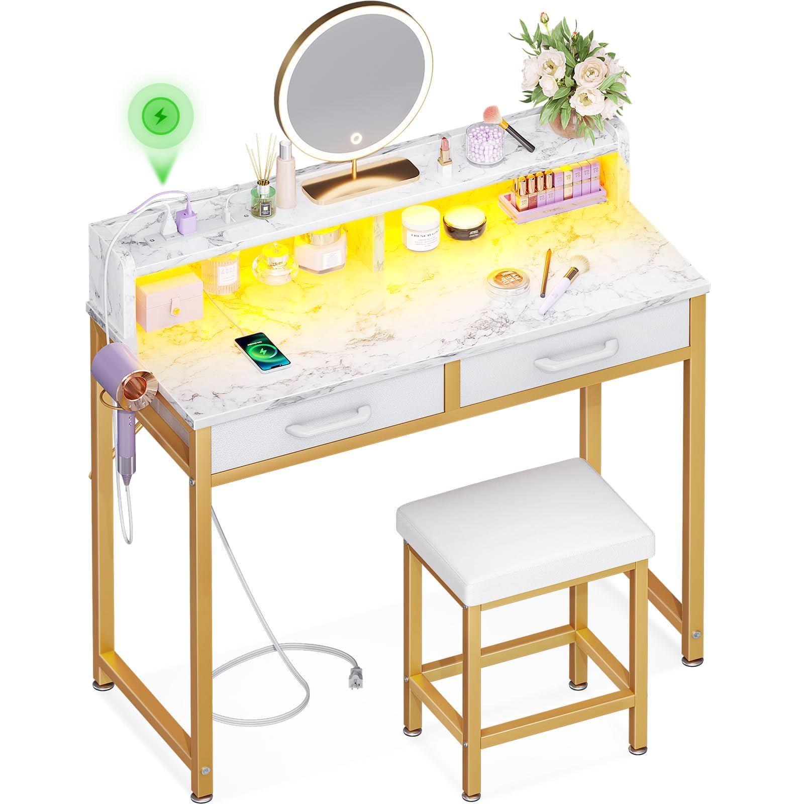 Amazon.com: AODK Vanity Desk with Vanity Chair, Makeup Vanity with LED ...