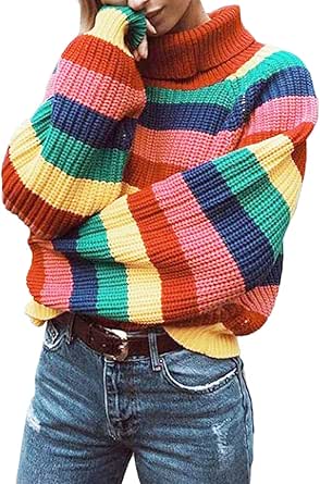 xxxiticat Women's Striped Turtleneck Sweater Long Sleeve Solid Color Block Rainbow Colorful High ...