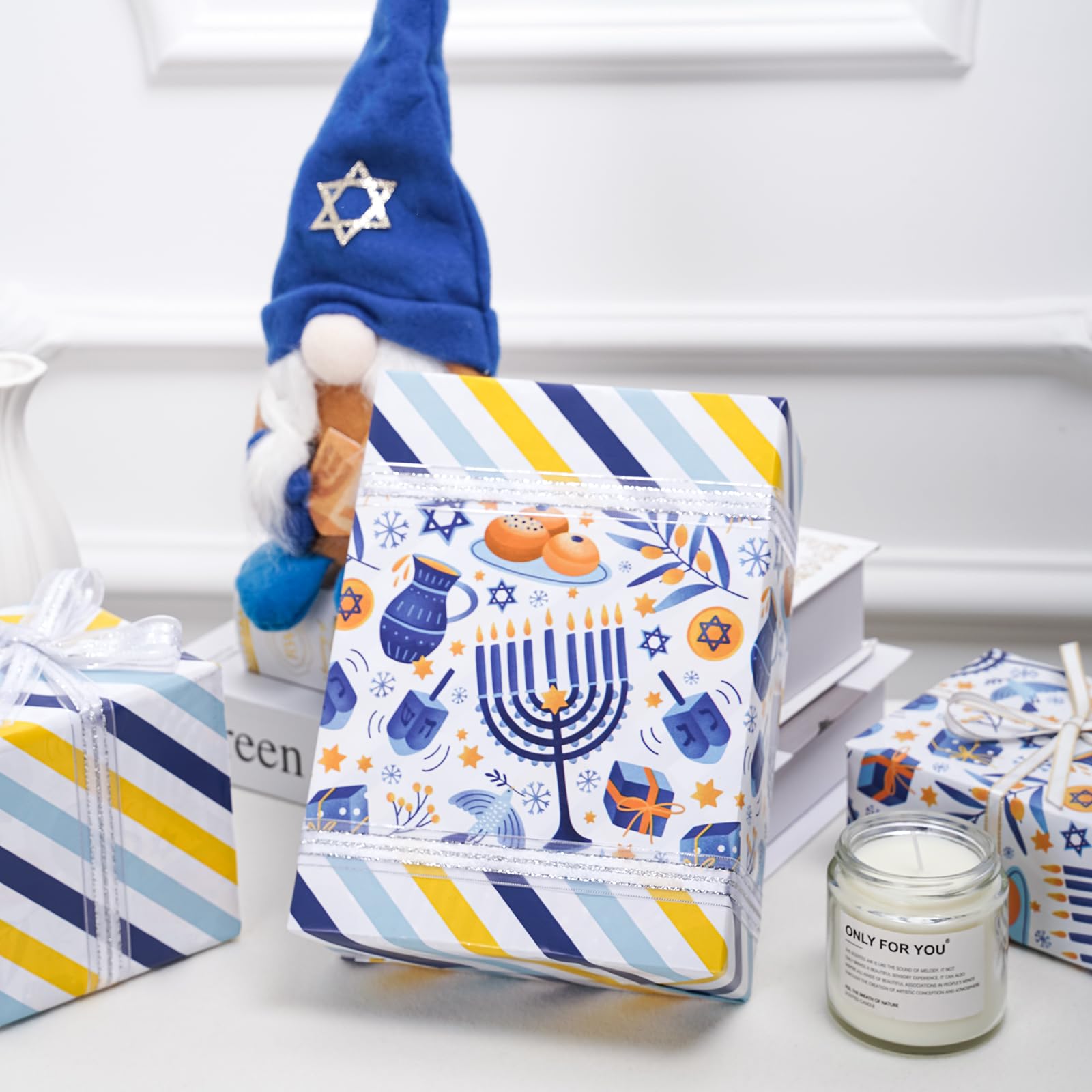 Snapklik.com : Hanukkah Blue Wrapping Paper Roll, Menorah Dreidel Donut ...