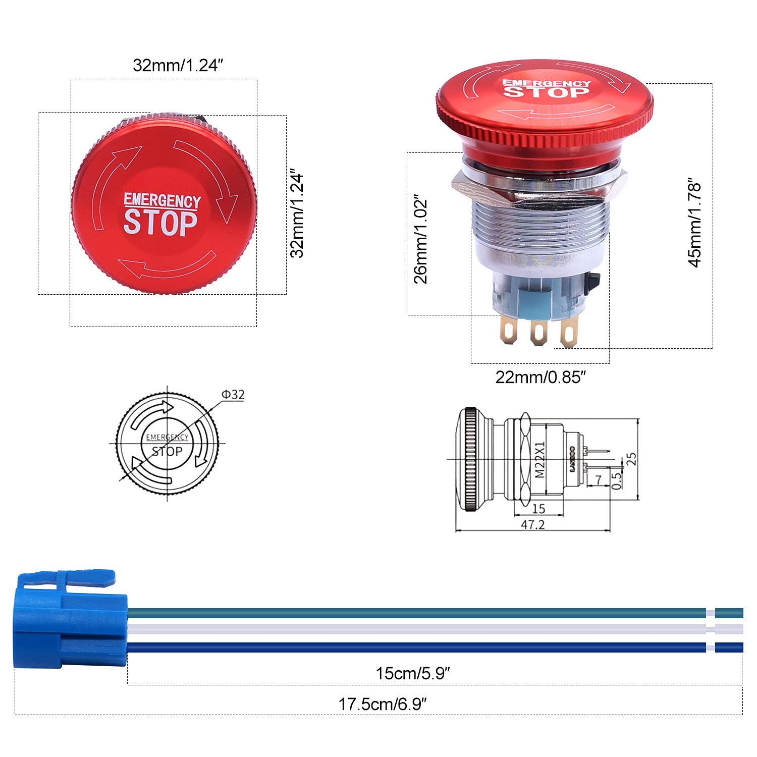 TWTADE 22mm Emergency Stop Push Button Switch 12-220V 3A Mounted Thread ...