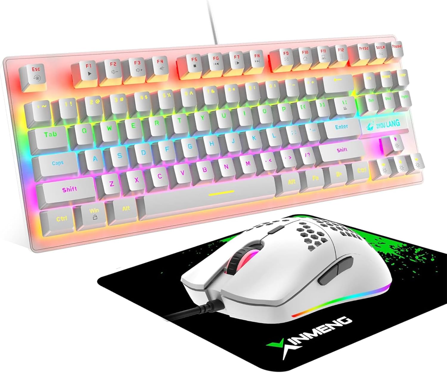 ZIYOU LANG White Wired Gaming Keyboard Mouse Set, TKL 80% Layout Compact 87 Keys Clicky Blue ...