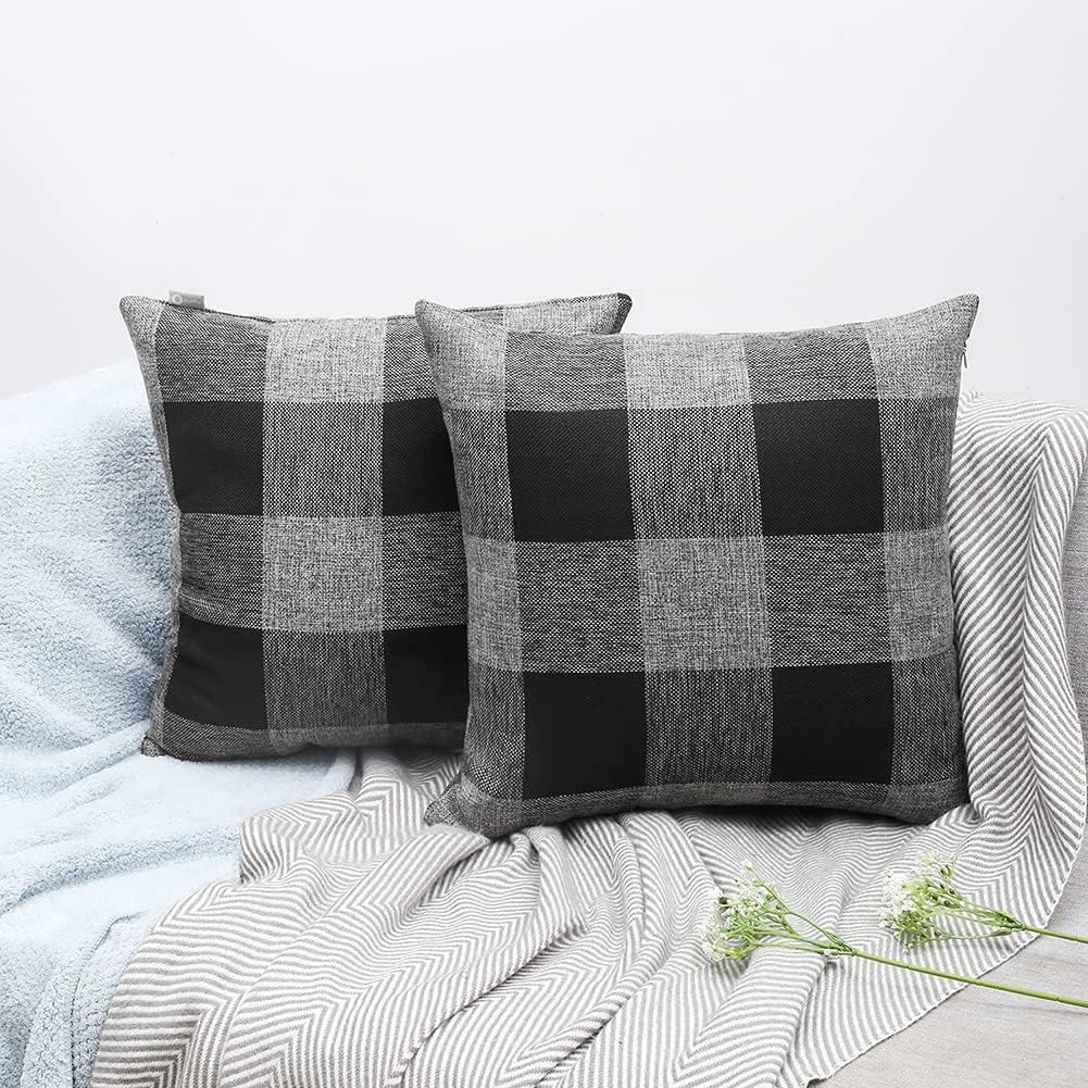 ORANIFUL Buffalo Check Cushion Covers 50cm x 50cm Set of 2 Linen ...