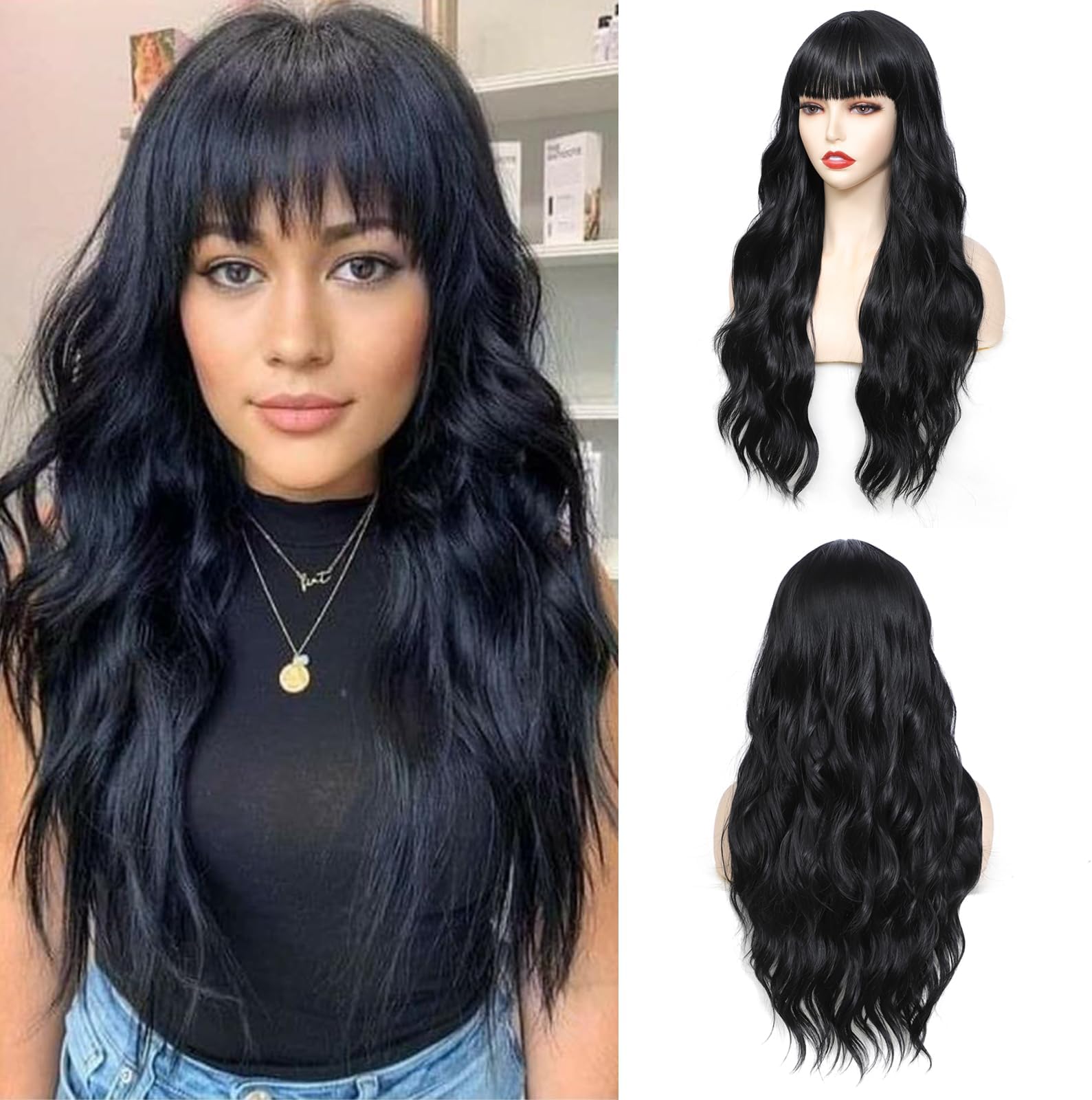 Amazon.com : Angzon Black Wig With Bangs Long Wavy Wigs for Women 26 ...