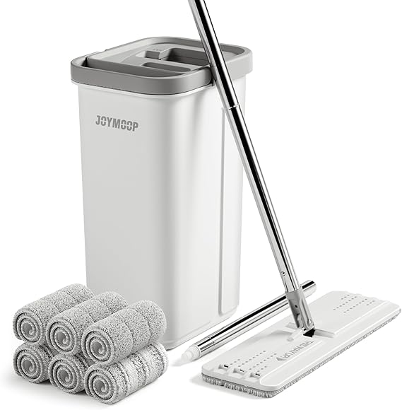JOYMOOP Mop and Bucket Set, White Flat Mop and Bucket with Wringer Set ...