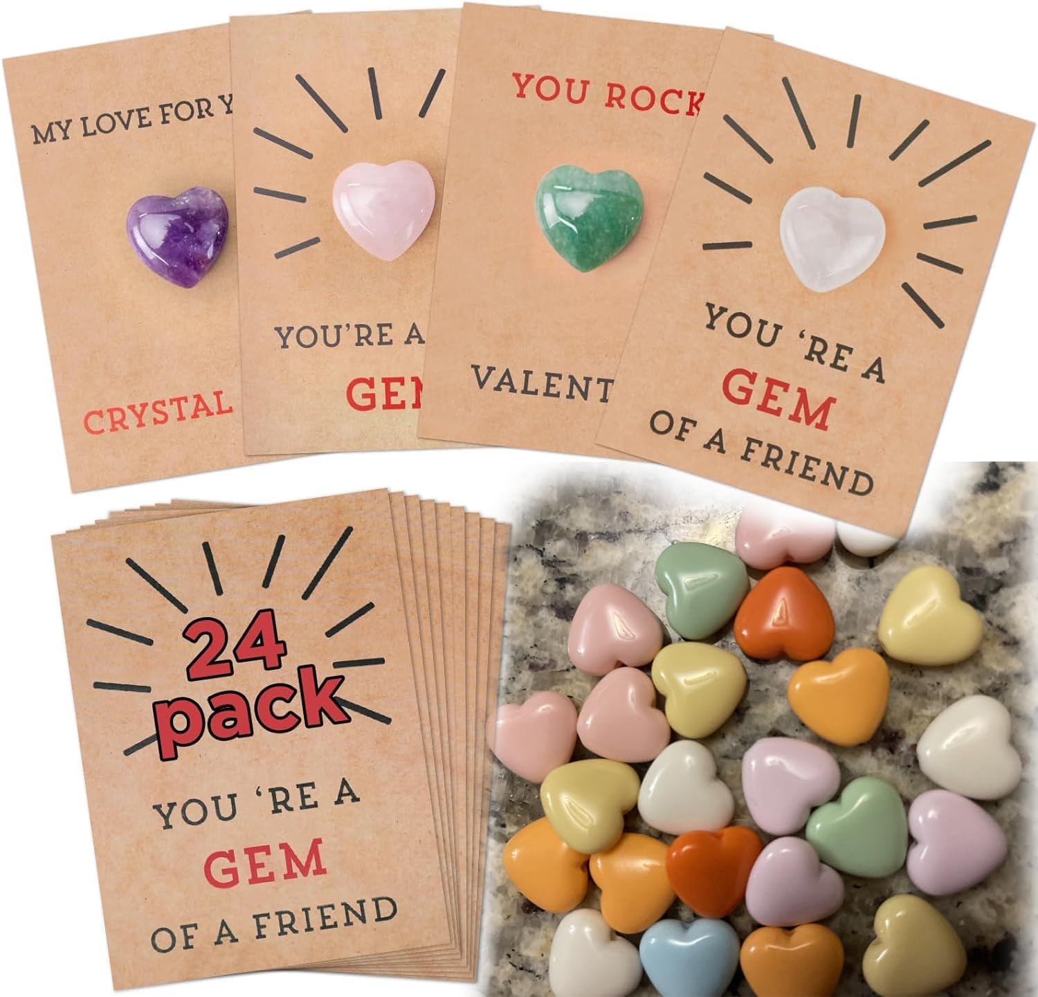 Amazon.com : 24 Pack Valentines Cards with Heart-Shape Crystals ...