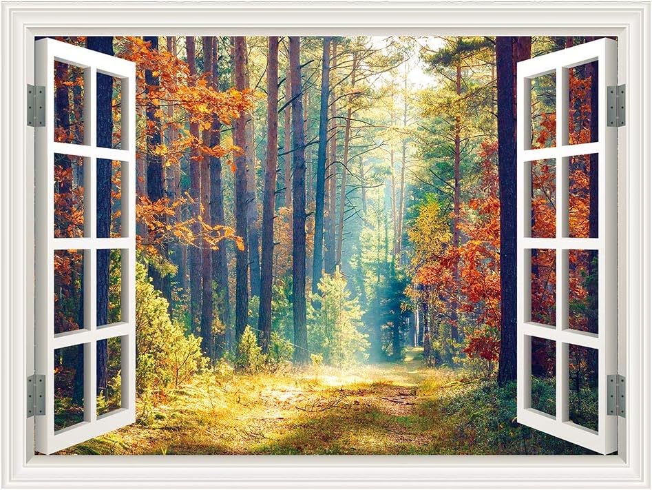 SUMGAR 3D Wall Mural Woodland Autumn Window Views Wall Art Self Stick ...