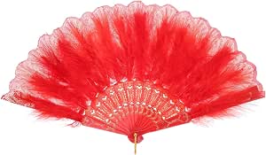 Amazon.com: MECCANIXITY Feather Hand Fan,Red Vintage Folding Fan ...