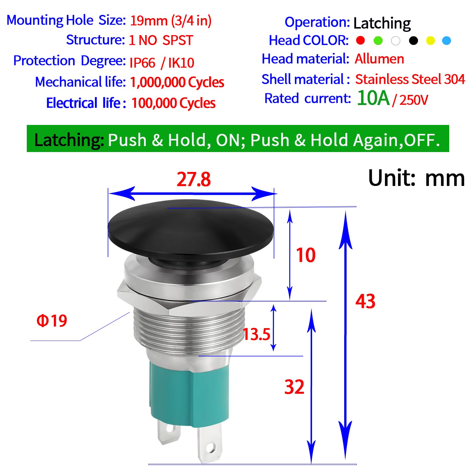 Snapklik.com : ZJWZJH 10Amps 19mm Latching Mushroom Head Push Button ...