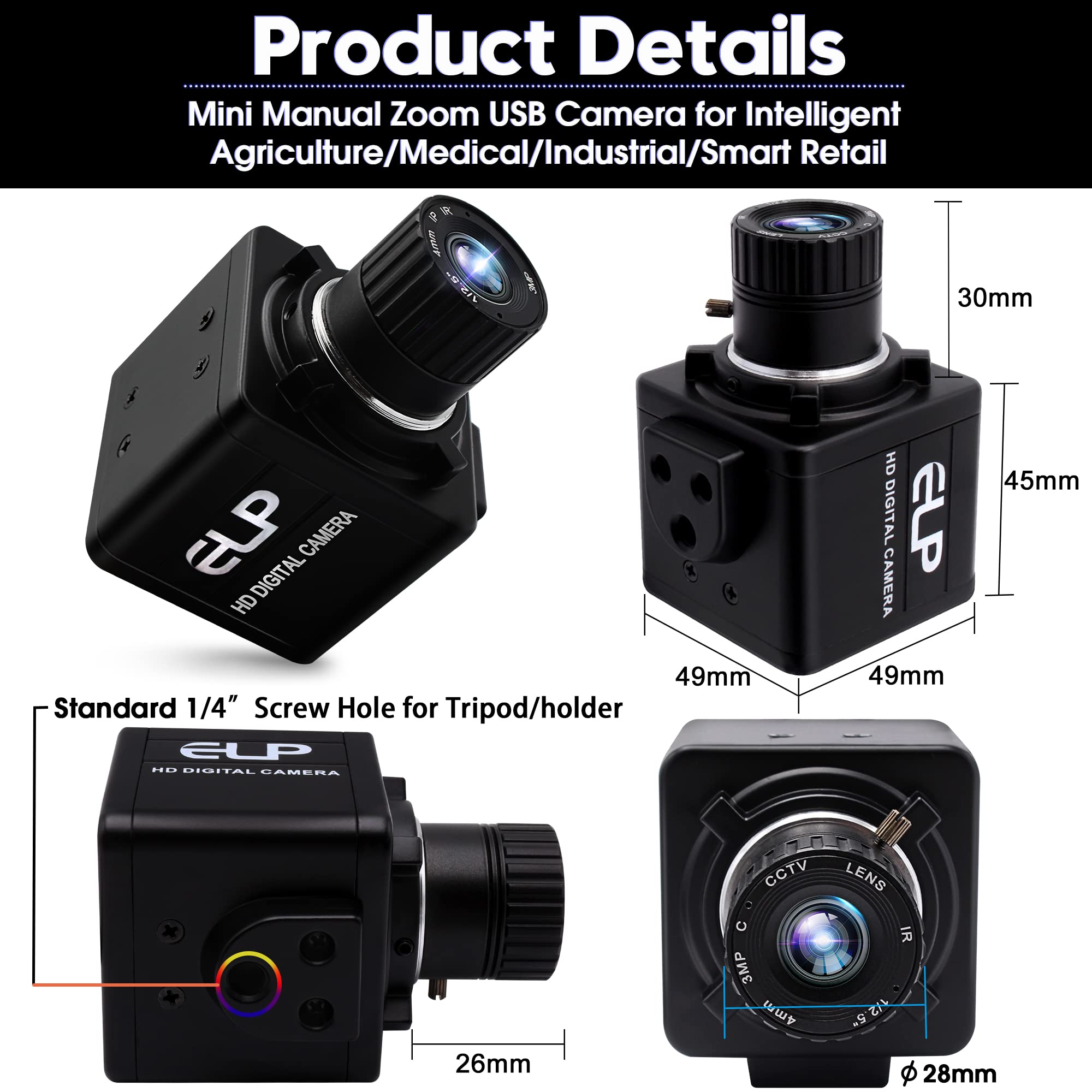 ELP USB Camera Manual Zoom 4mm Lens Prototype Camera 2Megapixel 1080p ...