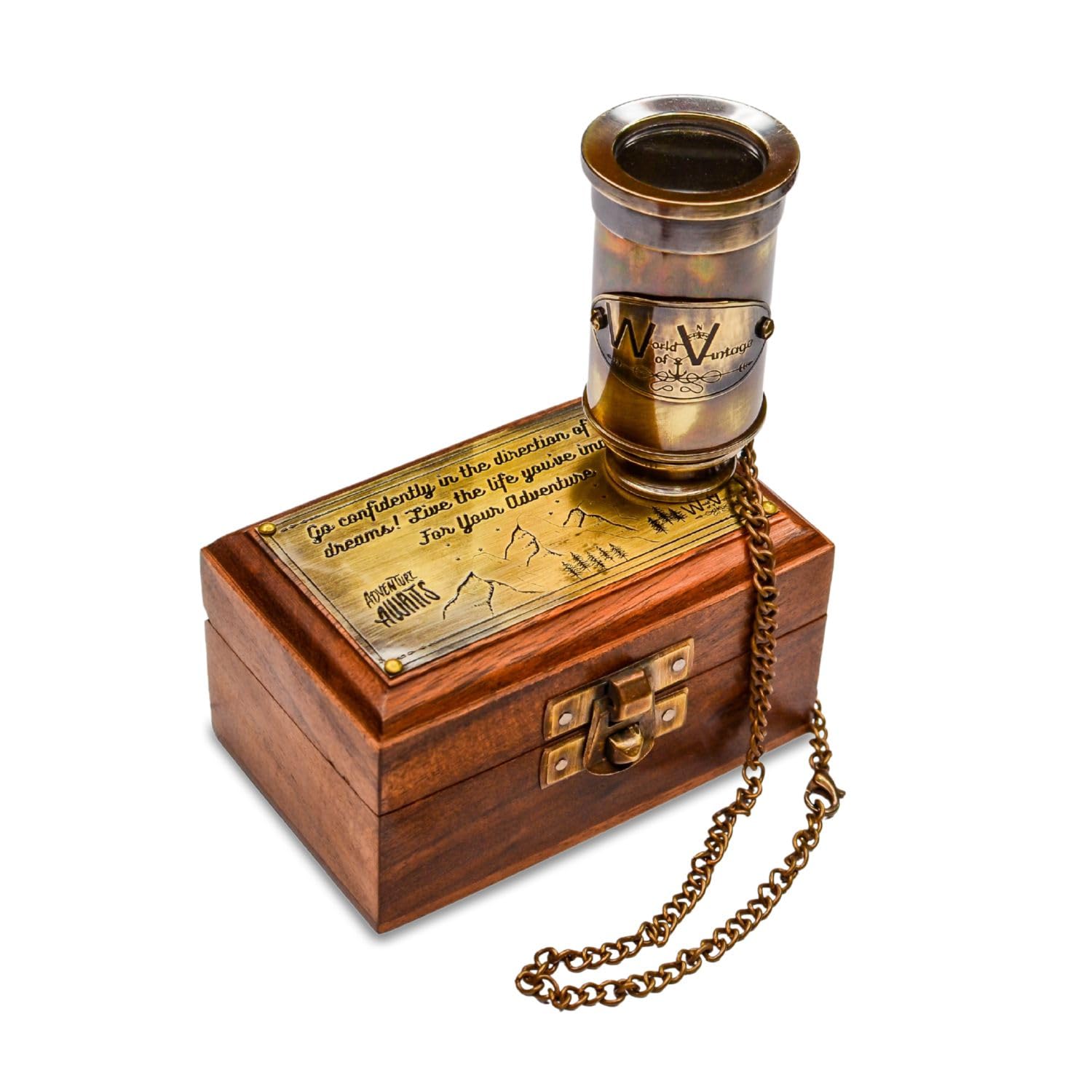 World Of Vintage Brass Telescope with Wooden Box - 5 Inch, 5X Zoom ...