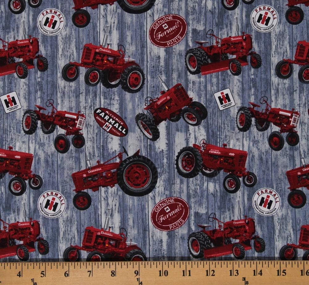 Amazon.com: Cotton Farmall Logo Tossed Red Tractors Allover on Gray ...