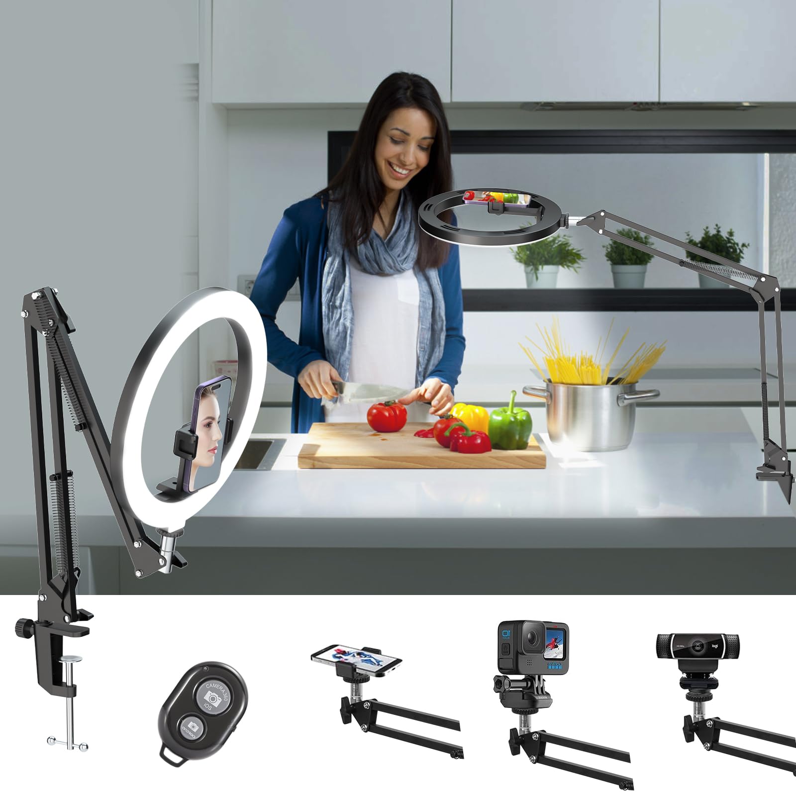 Overhead Camera Mount with 10" Ring Light and Phone Holder for Desk ...